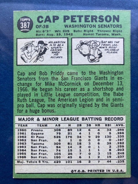 1967 Topps Baseball Washington Senators Cap Peterson #387 EX | eBay