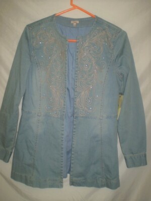 NWT WOMENS DENIM JEAN JACKET BLAZER SMALL REBA INDIGO BLUE CLEAR BEADS ...