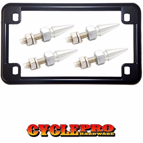 4 Silver Spike Billet Aluminum Tag Bolts & Black Motorcycle License ...