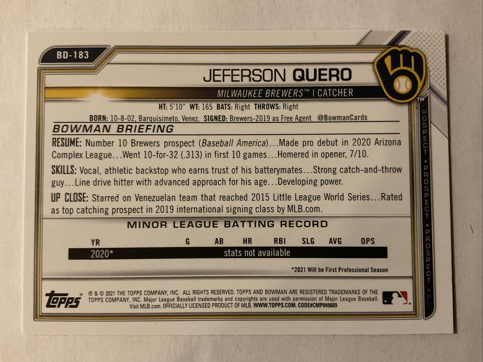 2021 Bowman Draft JEFERSON QUERO 1st Bowman Paper Milwaukee BREWERS #BD ...