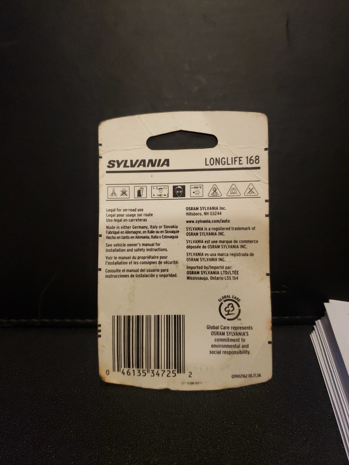 License Plate Light Bulb-Base Sylvania 168LL (Long Life) Auto (2 In ...