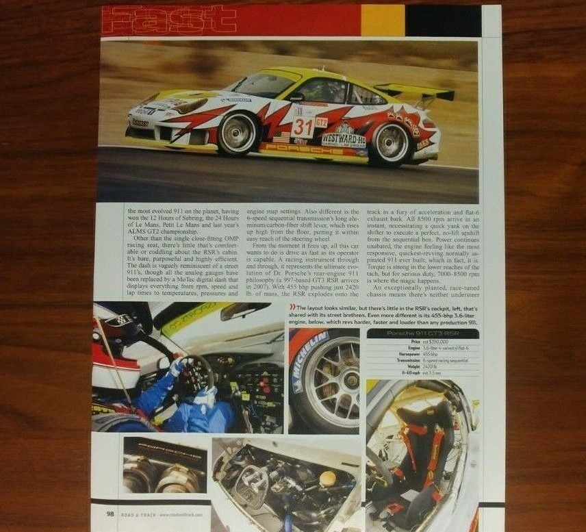 PORSCHE CARRERA GT MAGAZINE ARTICLE ALMS RACER 911 GT3 RSR ROAD AND ...