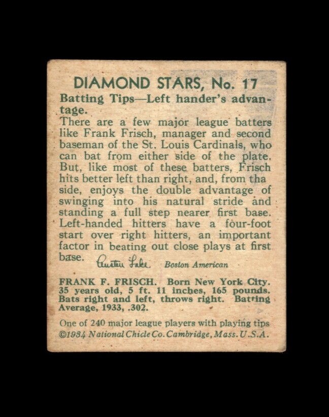 1934-36 Diamond Stars Set-Break # 17 - Frankie Frisch VG-VGEX (crease ...