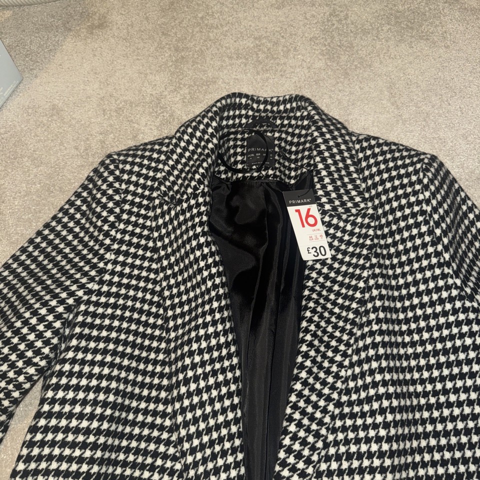 Primark Check Black White Wool Blend Belted Coat BNWT Sz 16 Brand New ...
