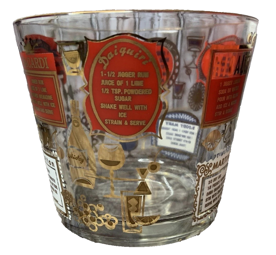 VTG Jeannette Glass Ice Bucket & Caddy-Drink Recipe Graphics MCM 1950s ...