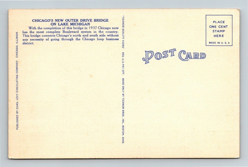 Chicago, Outer Drive Bridge Lake Michigan Completed 1937 Linen Illinois ...