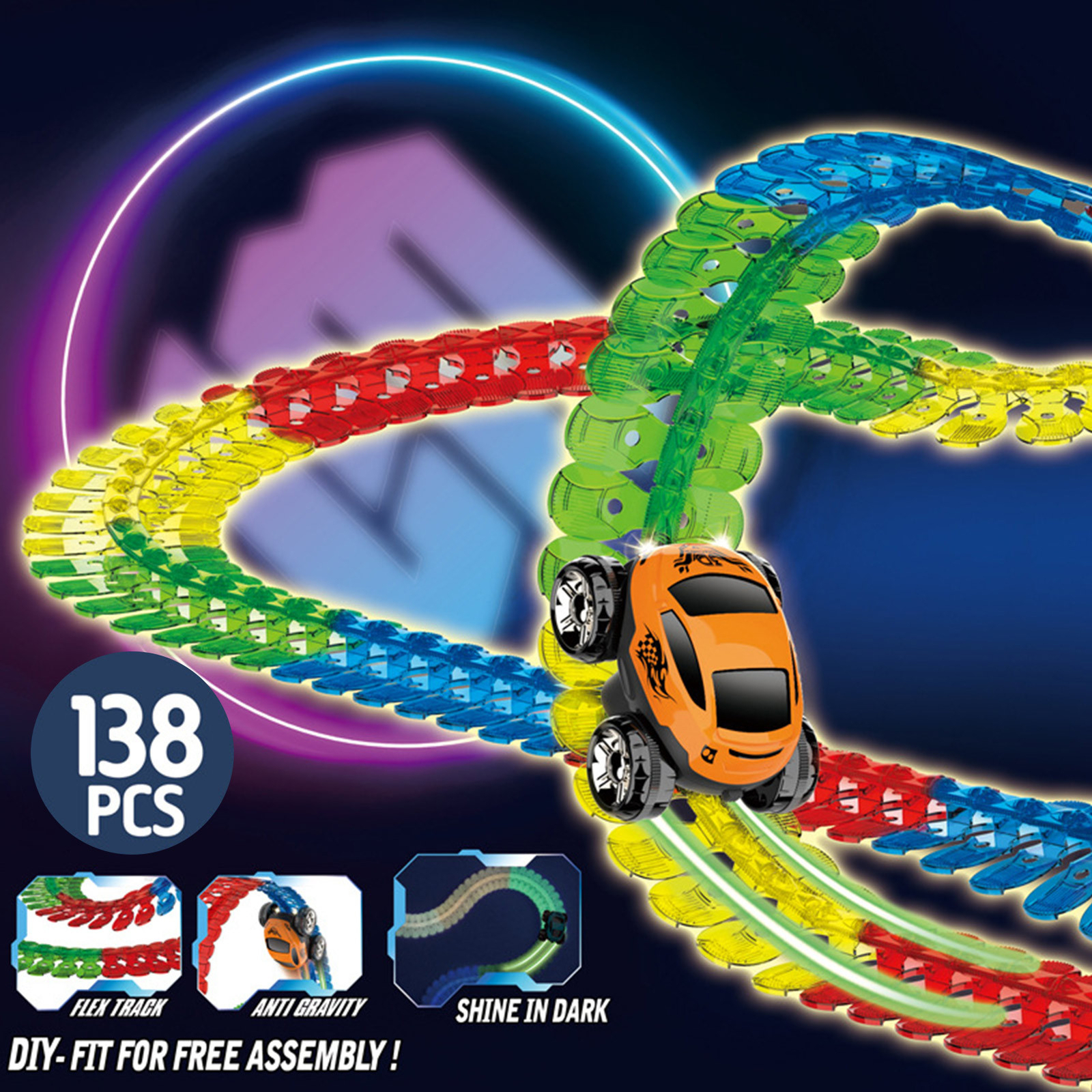 Changeable Track With LED Light Race Car Flexible Railway Toys Kit Diy ...