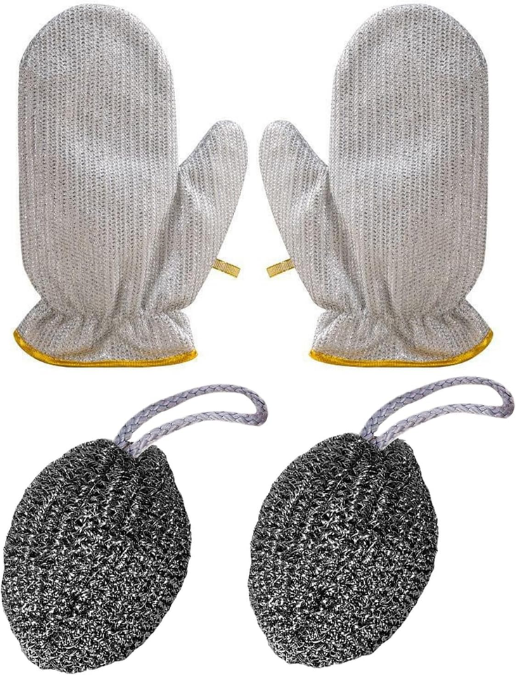 2PCS Dishwashing Gloves Silver and 2PCS Stainless Steel Melon Shape ...