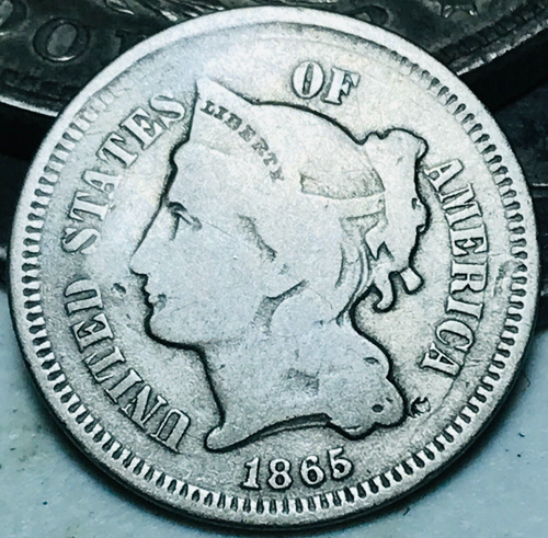 1865 Three Cent Nickel Piece 3C Circulated Civil War Date US Type Coin ...