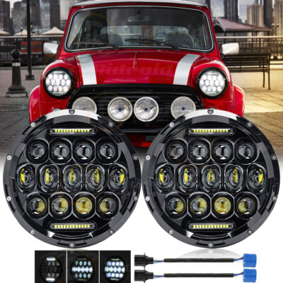 Pair 7" Inch Round LED Headlights Hi/Lo Beam DRL For Classic Rover Mini ...
