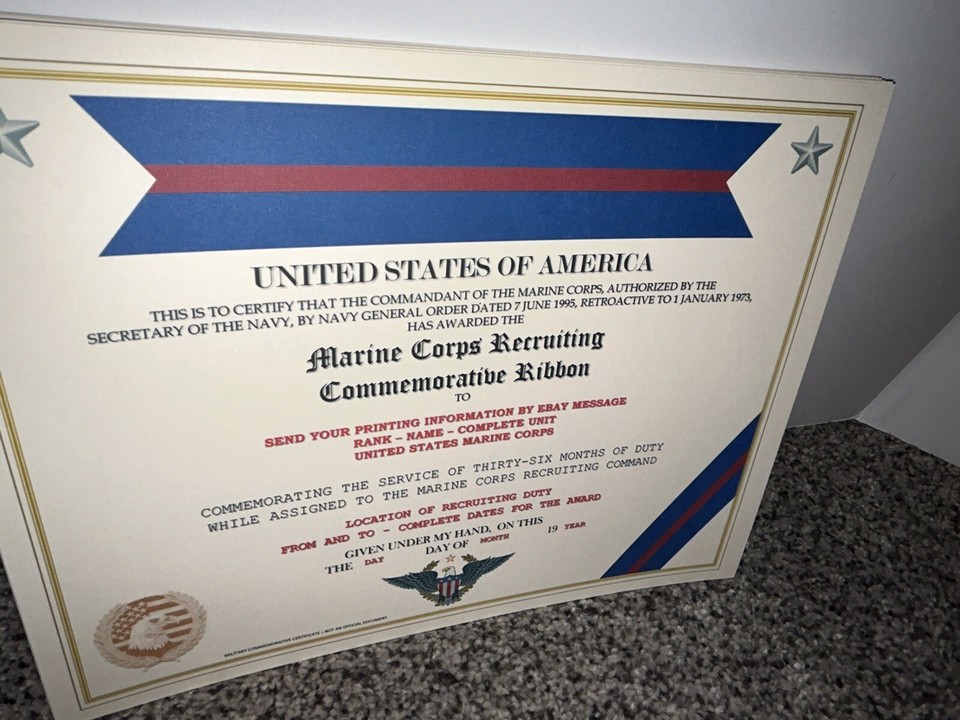 U.S. MARINE CORPS RECRUITING RIBBON COMMEMORATIVE CERTIFICATE ~W ...