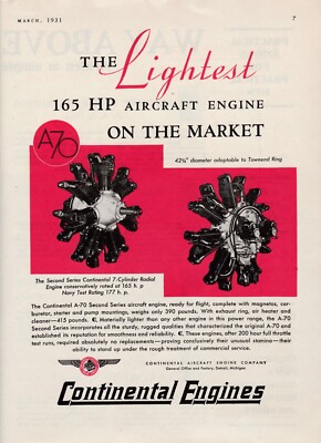 1931 Continental Aircraft Engine Ad 10/23/2024j | eBay