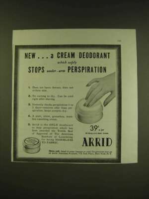1938 Arrid Antiperspirant Ad - New a cream deodorant which safely stops ...