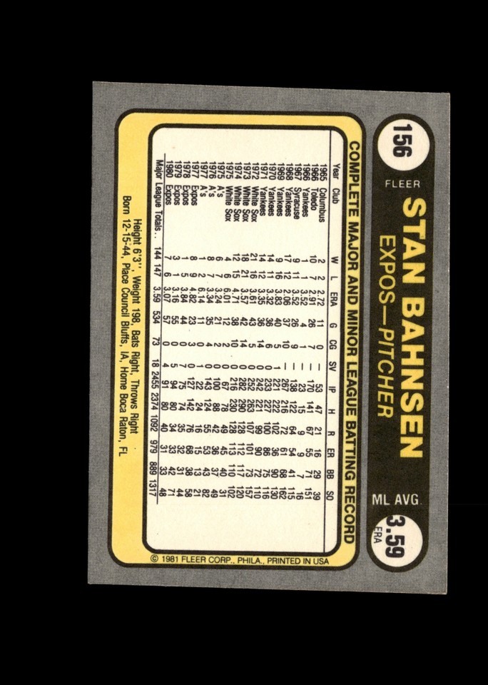 Stan Bahnsen 1981 Fleer Baseball Card #156 Montreal Expos + Fast Free ...