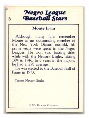 1984 Decathlon Negro League Baseball Stars - #6 - Monte Irvin - Newark ...