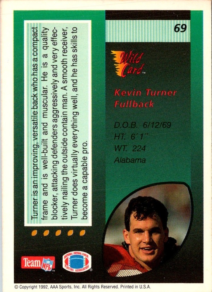 1992 Wild Card Kevin Turner #69 New England Patriots Football Card | eBay
