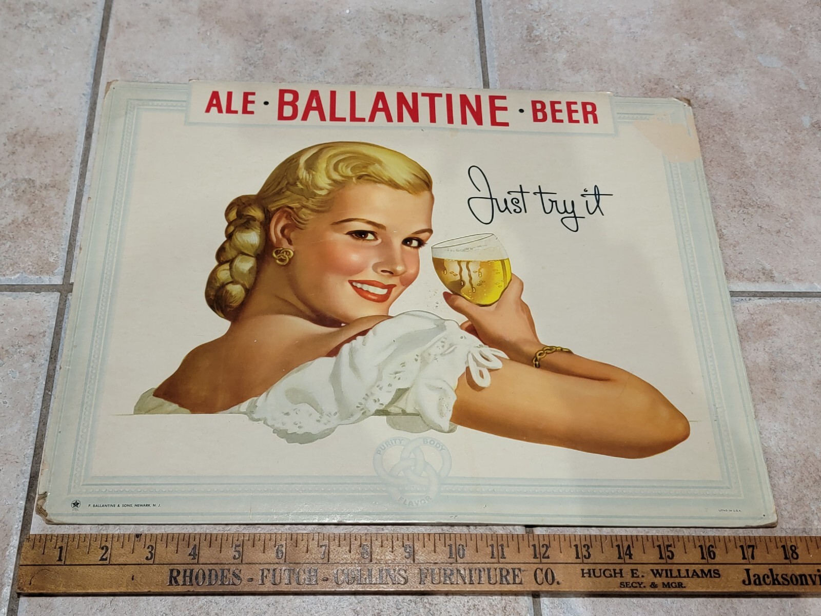 Vintage Ballantine Ale Beer Sign Easel Table Back Top Just Try It Litho ...