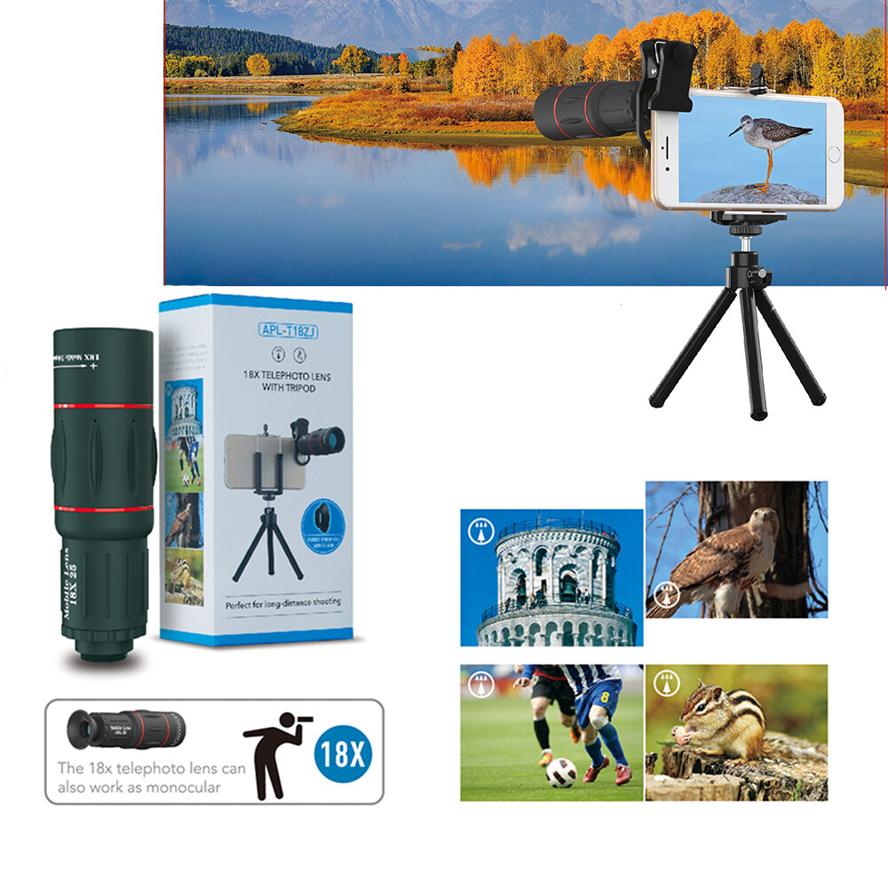 APEXEL 18X Zoom Telephoto Monocular Phone Camera Lens WIth Tripod Clip ...