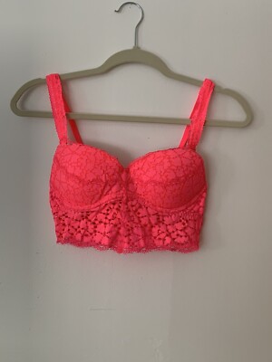 PINK Fluorescent Pink Longline Lace Bra Size XS Padded Underwire ...
