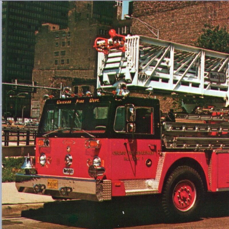 Postcard Firetruck Chicago Fire Ladder 1 1974 Pierce Morita 135 ft ...