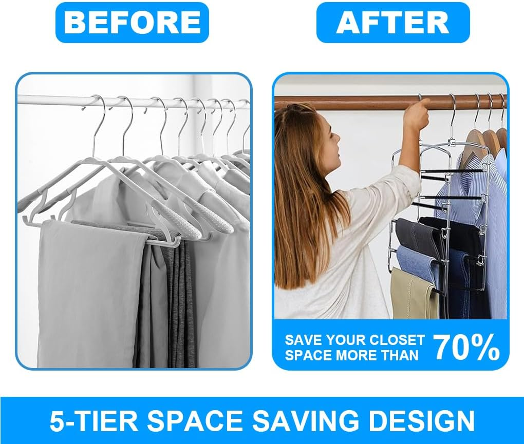Pants Hangers Non Slip 3 Packs Space Saving Multi-Layer Swing Arm ...