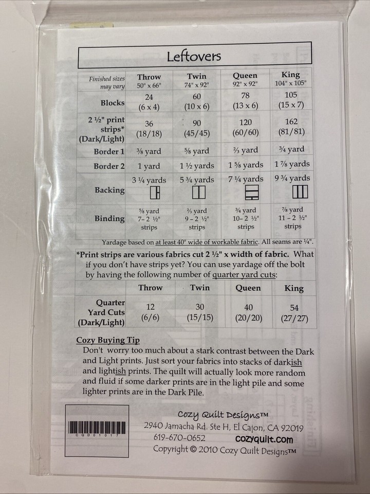 “Leftovers” Quilt Pattern Sewing Craft Cozy Quilt Designs All Sizes | eBay