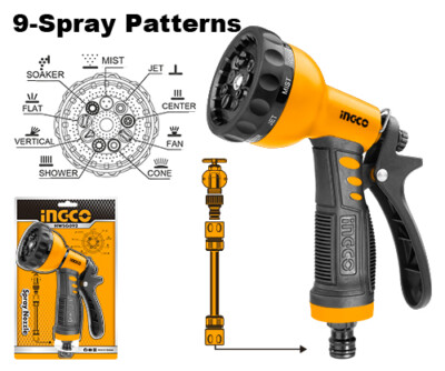 INGCO 9 Pattern Plastic Trigger Nozzle 3/4 Tool Adaptor Soft Grip Spray ...