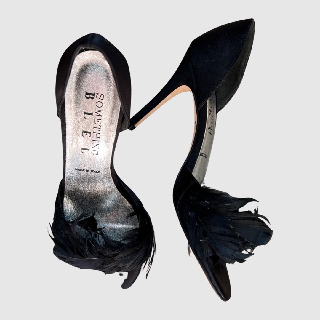 Something Bleu Black Peep Toe Feather Stiletto Pumps US6 ($455) | eBay