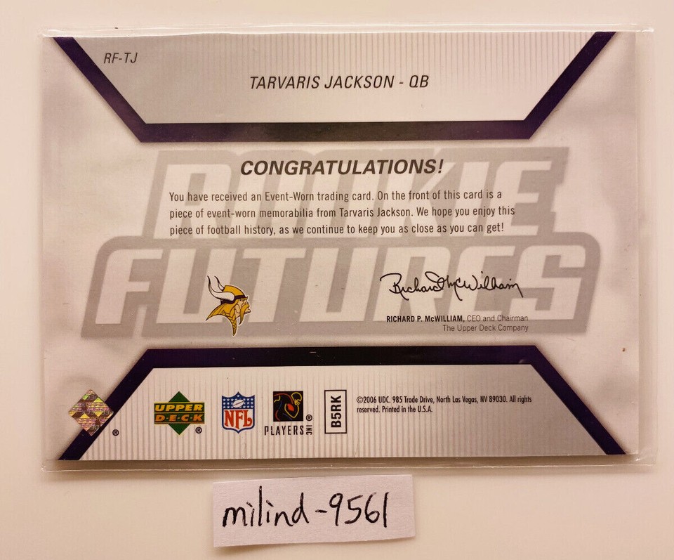 2006 Upper Deck Tarvaris Jackson Patch Rookie Futures #RF-TJ Rookie ...