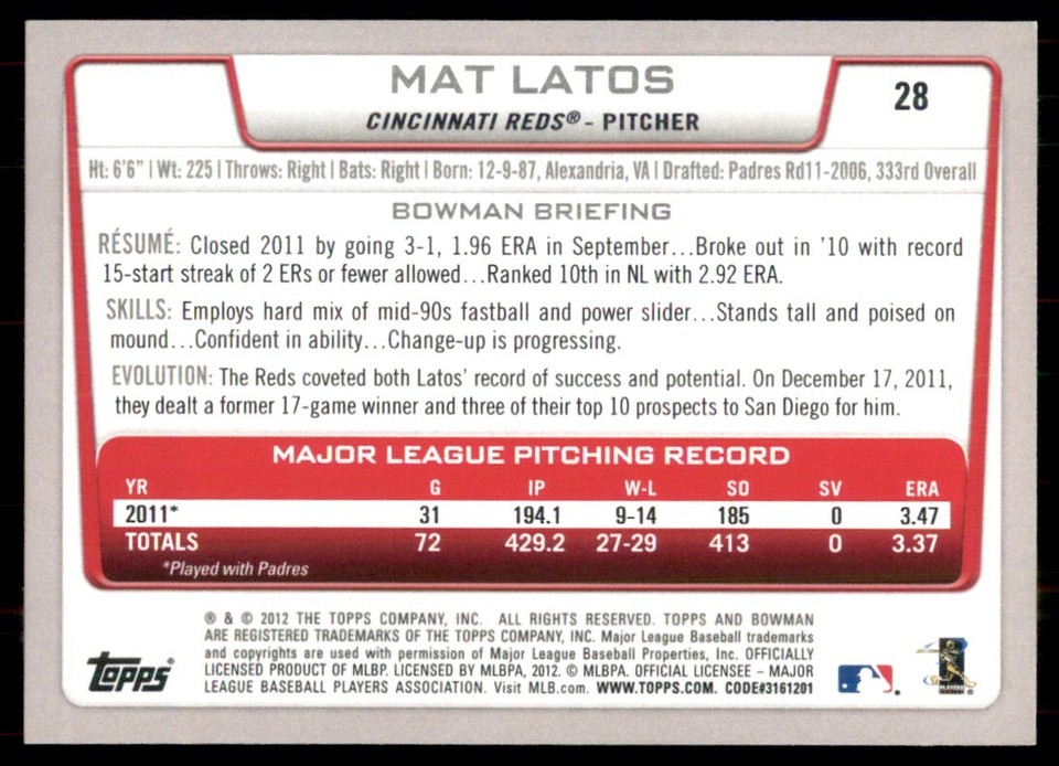 2012 Bowman Mat Latos Cincinnati Reds #28 | eBay