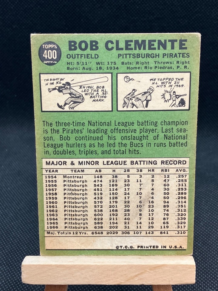 "Bob" Roberto Clemente 1967 Topps VINTAGE CARD #400 Fair Pirates HOF 👀🏴 ...
