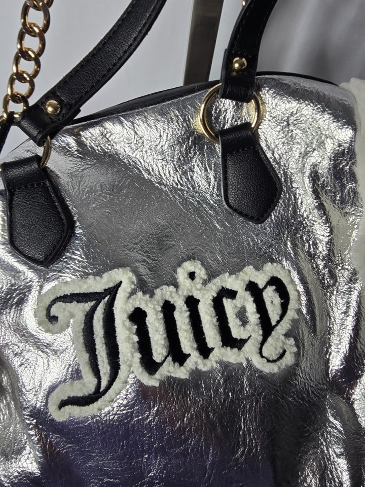 JUICY COUTURE Shear Genius Barrel Satchel Top Handle Logo Silver- FLAWS ...