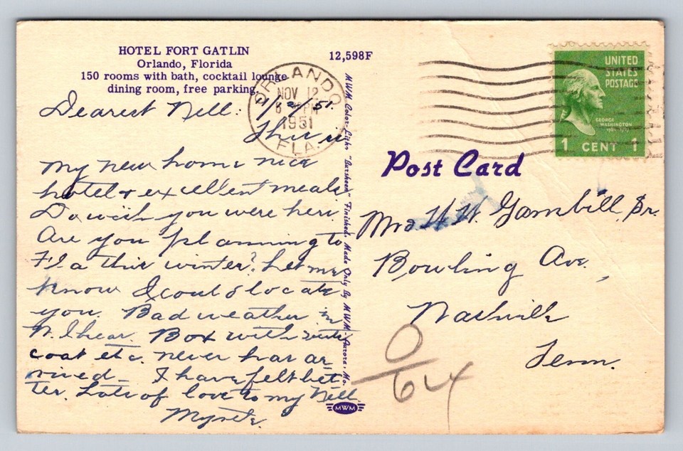 Linen Advertising Old Cars Hotel Fort Gatlin Orlando Florida P829 | eBay