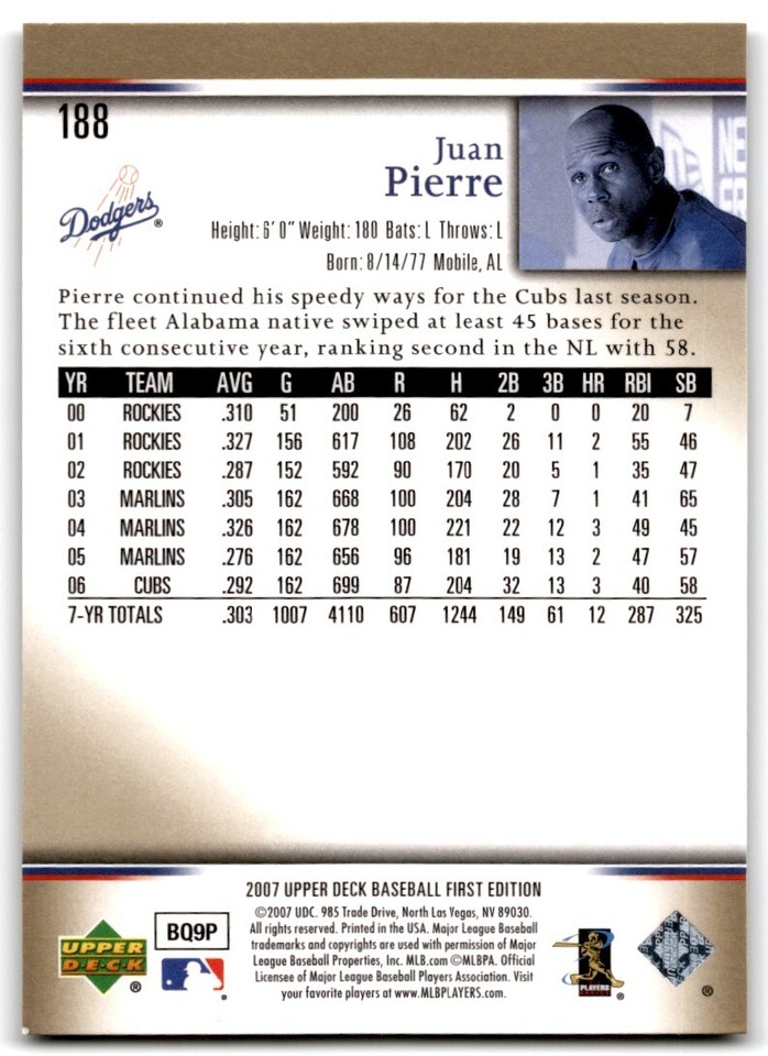 2007 Upper Deck First Edition Juan Pierre Baseball Cards #188 | eBay