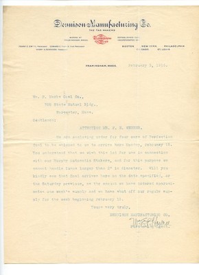 1916 Dennison Manufacturing Co. Typed Letter Boston Industrial Ephemera ...