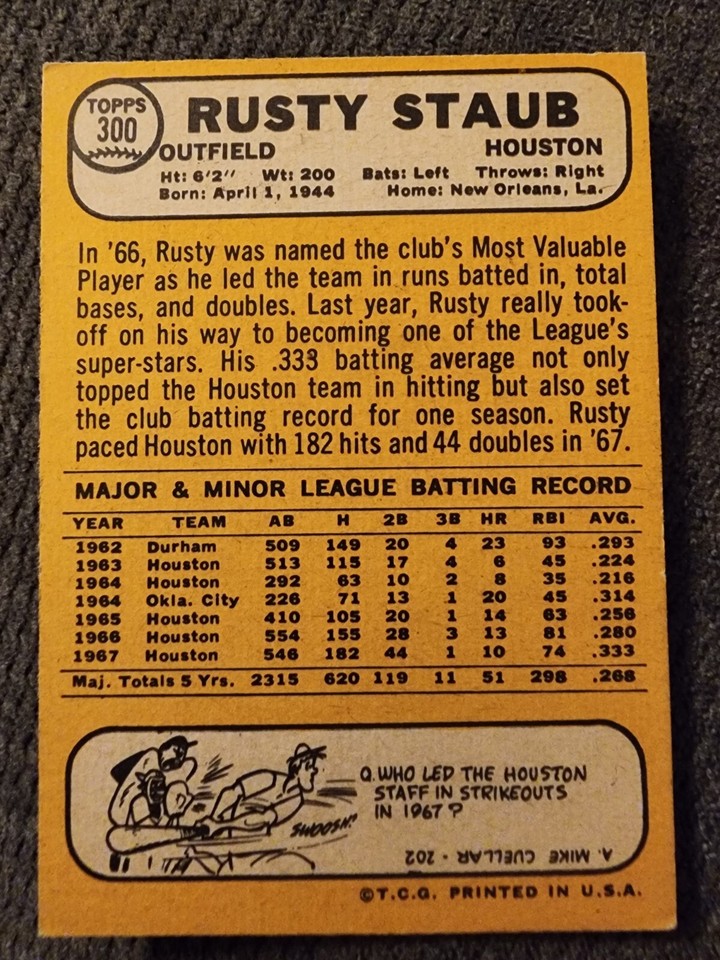 1968 Rusty Staub Topps #300 Houston Astros NM 👀 | eBay