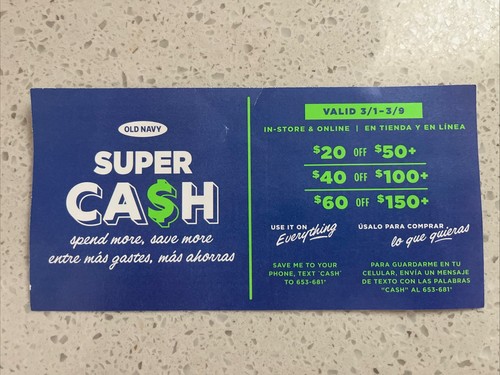 Old Navy Super Cash $60 off $150 In-Store Online 3/1/2025- 3/9/2025 Coupon All | eBay