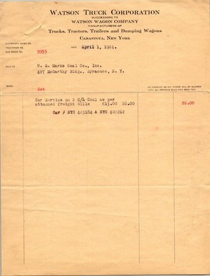 1924 Watson Truck Corporation Invoice Canastota NY Coal Service ...