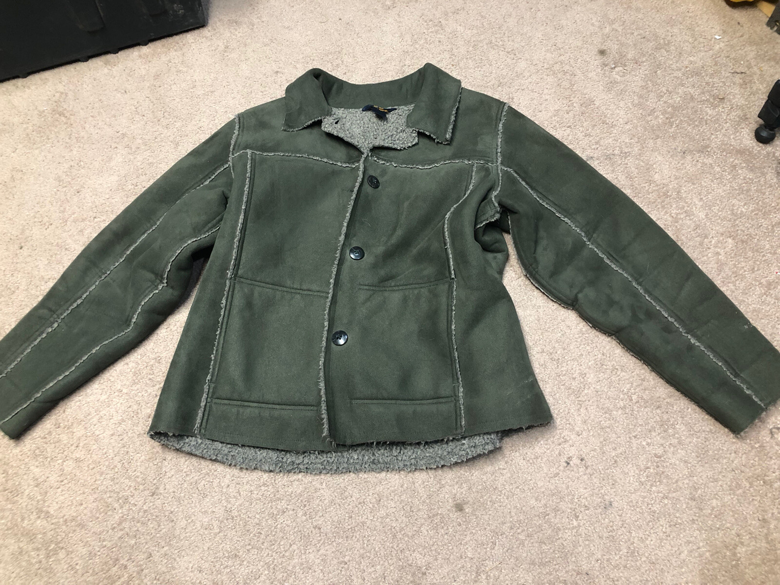 WOOLRICH FAUX SUEDE SHEARLING COAT SHERPA JACKET BUTTON FRONT GREEN M ...