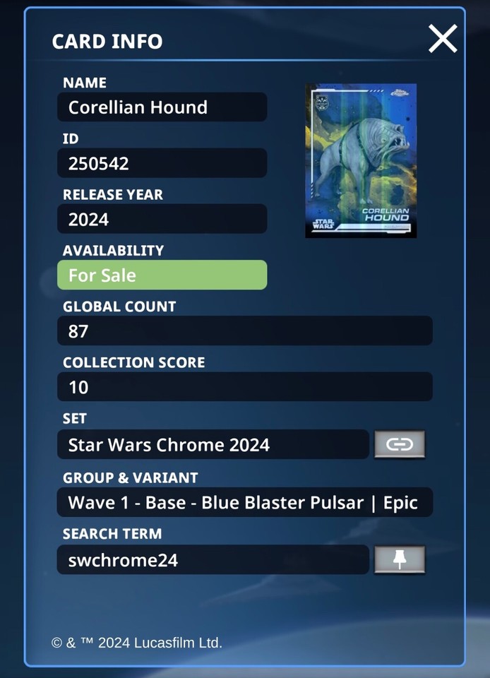 DIGITAL Topps Star Wars Card Trader 2024 Chrome Blue Blaster Corellian ...