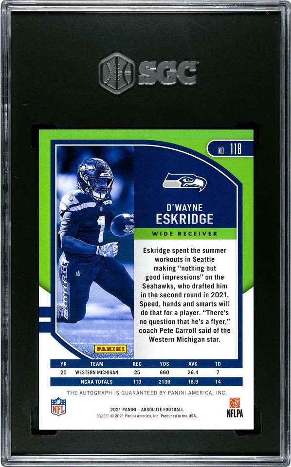 2021 Panini Absolute Dwayne Eskridge Seattle Seahawks RC Auto SGC 10 / ...