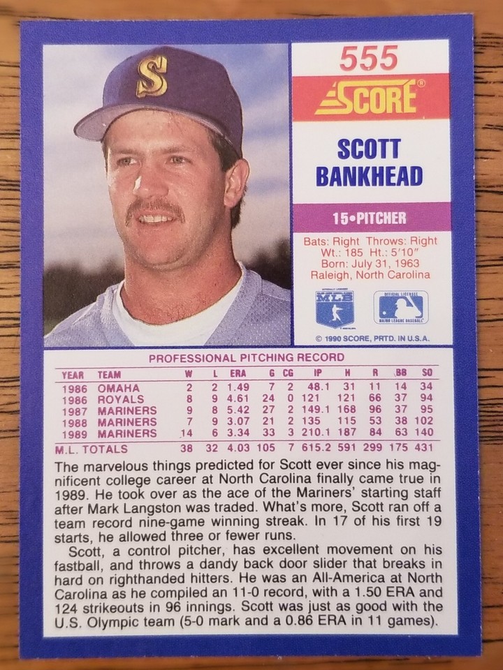 Scott Bankhead Seattle Mariners 1990 Score Baseball Card #555 MT | eBay