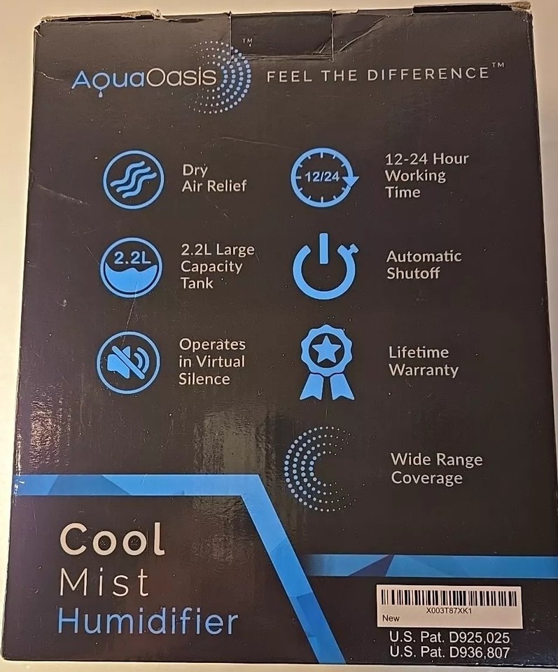 NEW Aqua Oasis, Cool Mist Humidifier 2.2L WATER Tank Dry Air Relief ...