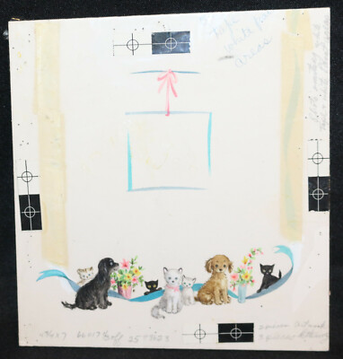 Cats & Dogs Blue Ribbon and Flowers Original Greeting Card Painted Art ...