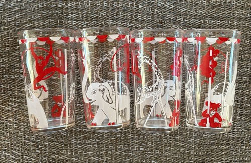 Vintage 1950's Set Of Four Circus Theme Glasses Monkey, Elephant ...