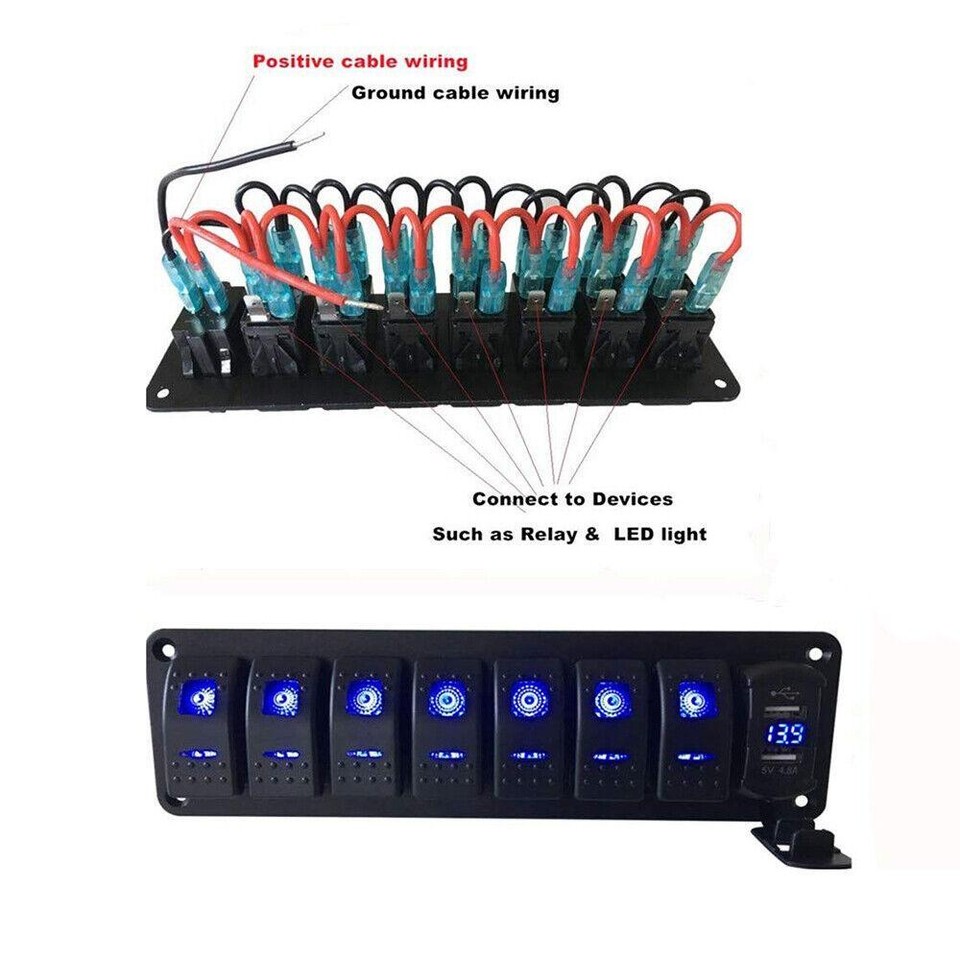 8 Gang LED Rocker Switch Panel Circuit Breaker Voltmeter USB For Car ...