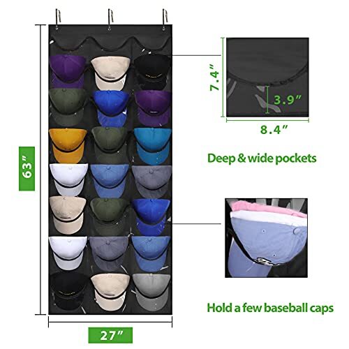 24 Pockets Over The Door Hat Rack Baseball Caps Organizer Display for ...