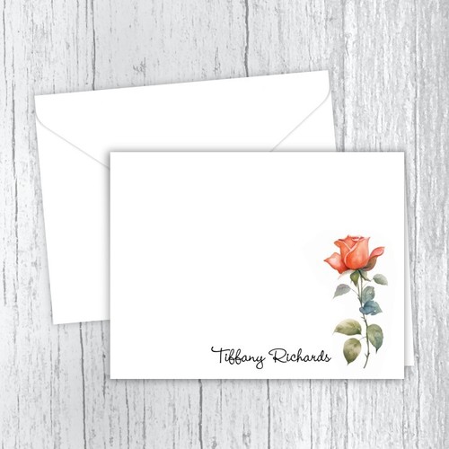 Personalized Note Cards, Coral Rose, Personalized Stationery, Envelopes ...