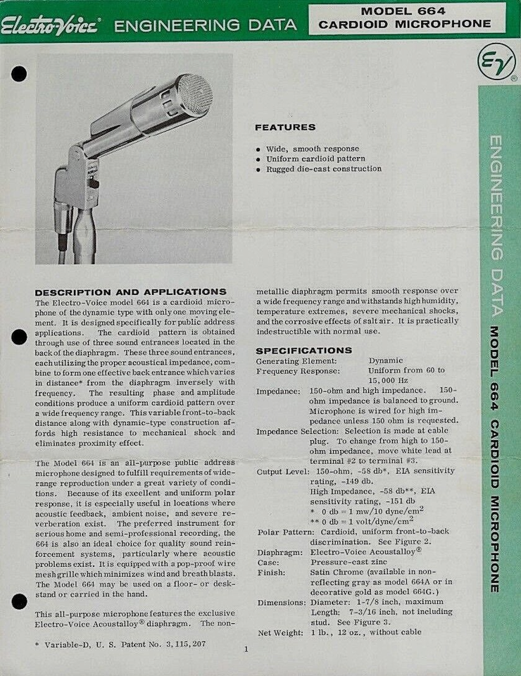 Vintage 1950s Electro Voice 664 dynamic cardioid microphone Hi Z w cable 664A #1 | eBay