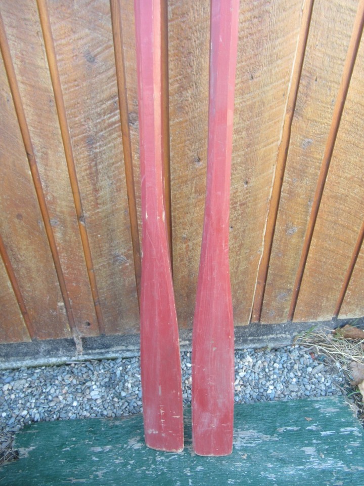 VINTAGE Wood Oars 84" Long Paddles Has Great Old RED Finish + OARLOCKS ...